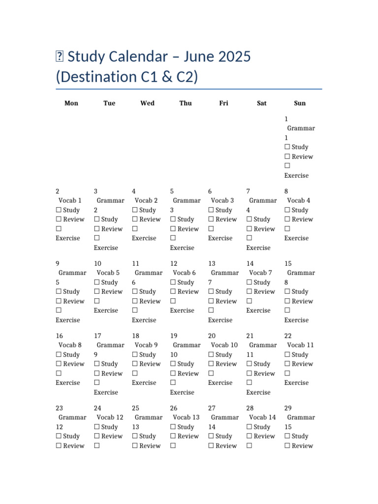 June 2025 Study Calendar Destination C1C2 | PDF