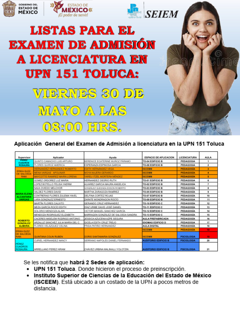 Listados para Aplicar El Examen de Admisión A Licenciatura en La UPN Unidad 151 Toluca El ...