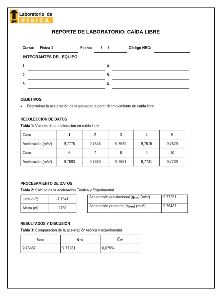 Reporte Lab Fisi1 | PDF | Gravedad | Masa