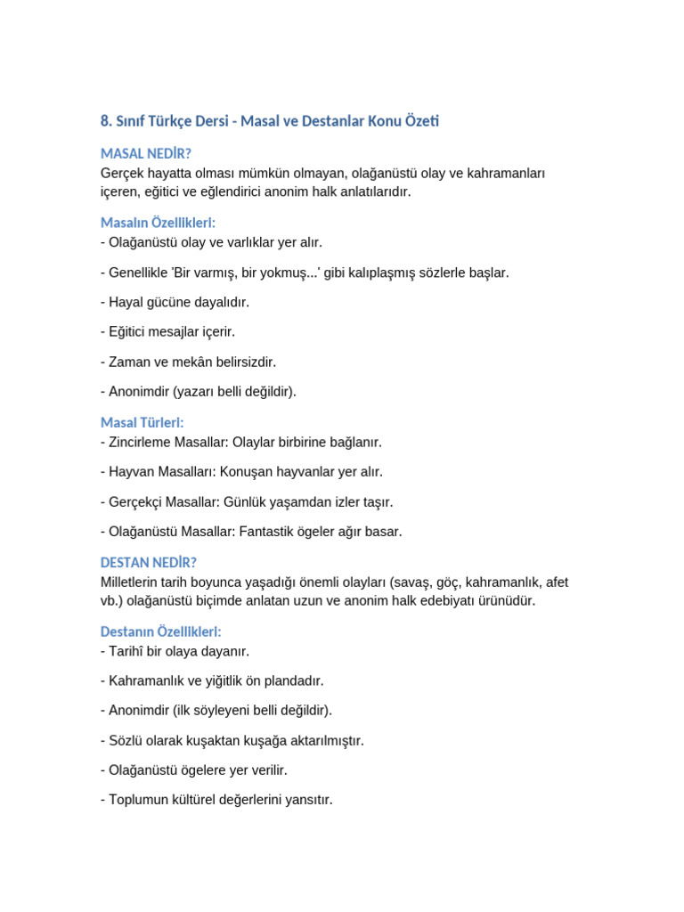 Masal Ve Destanlar Konu Ozeti | PDF