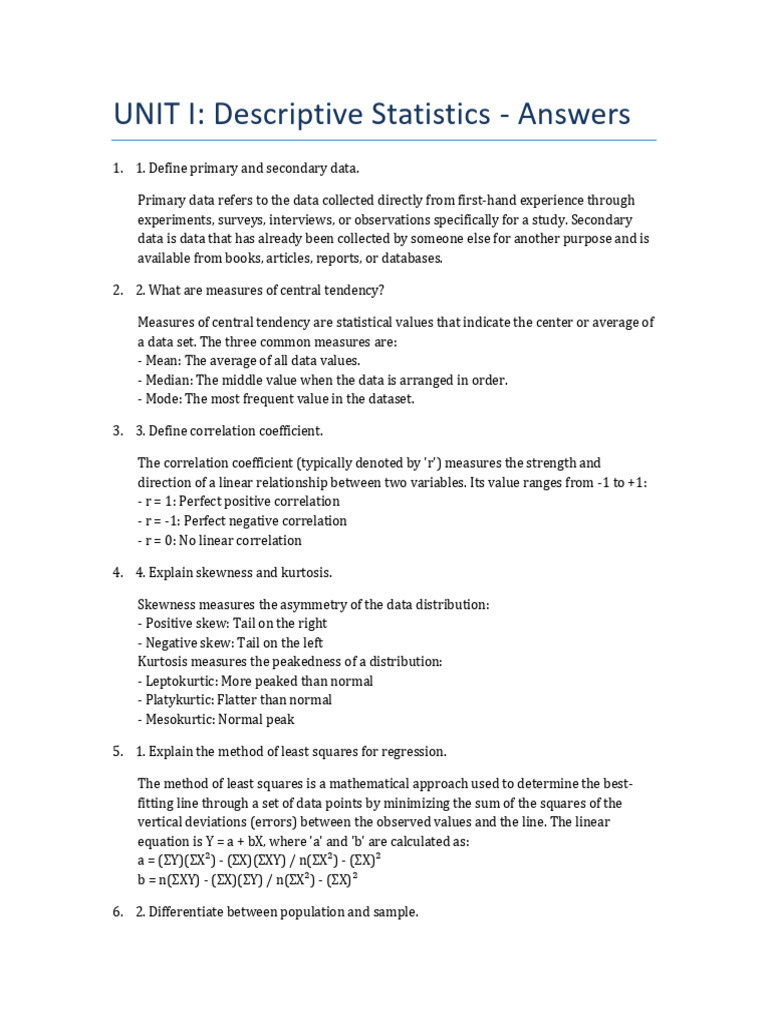 UNIT I Descriptive Statistics Answers | PDF | Standard Deviation | Variance