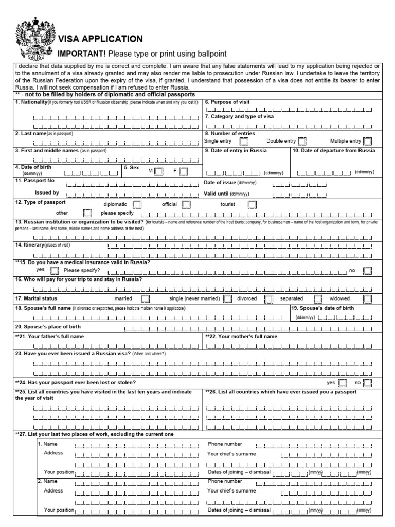 Main - Russian Visa Application Form | PDF | Passport | Travel Visa
