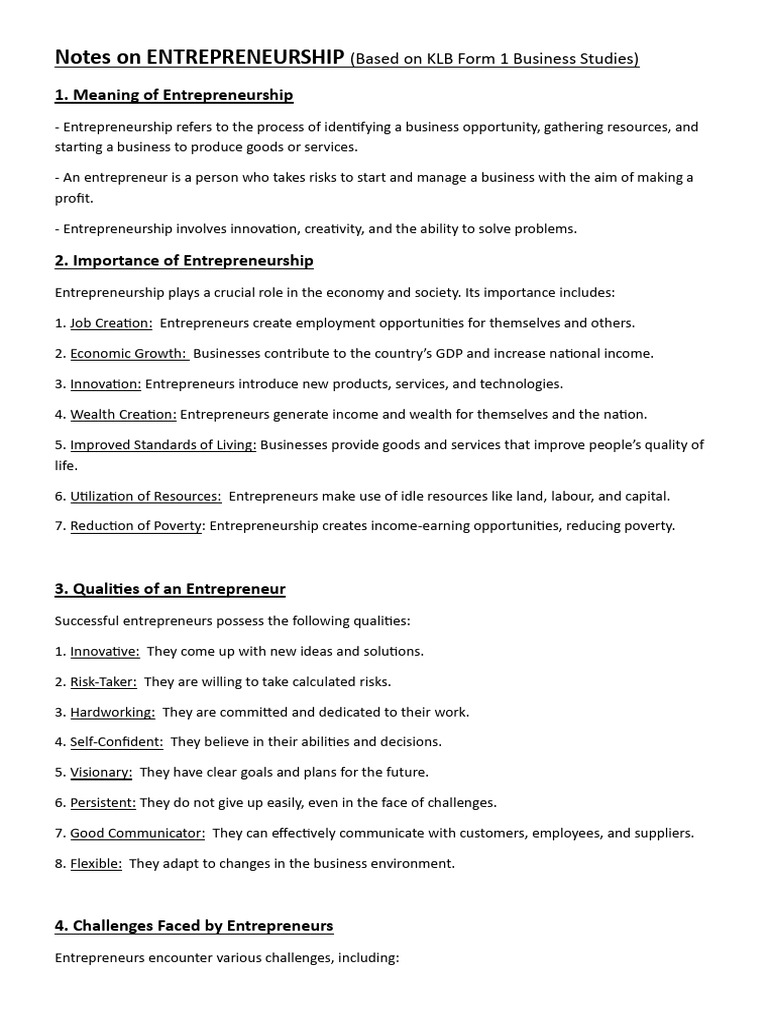 Introduction to Entrepreneurship Notes | PDF | Entrepreneurship ...