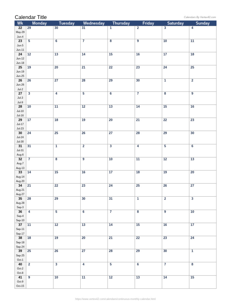 Continuous Monthly Calendar Template | PDF