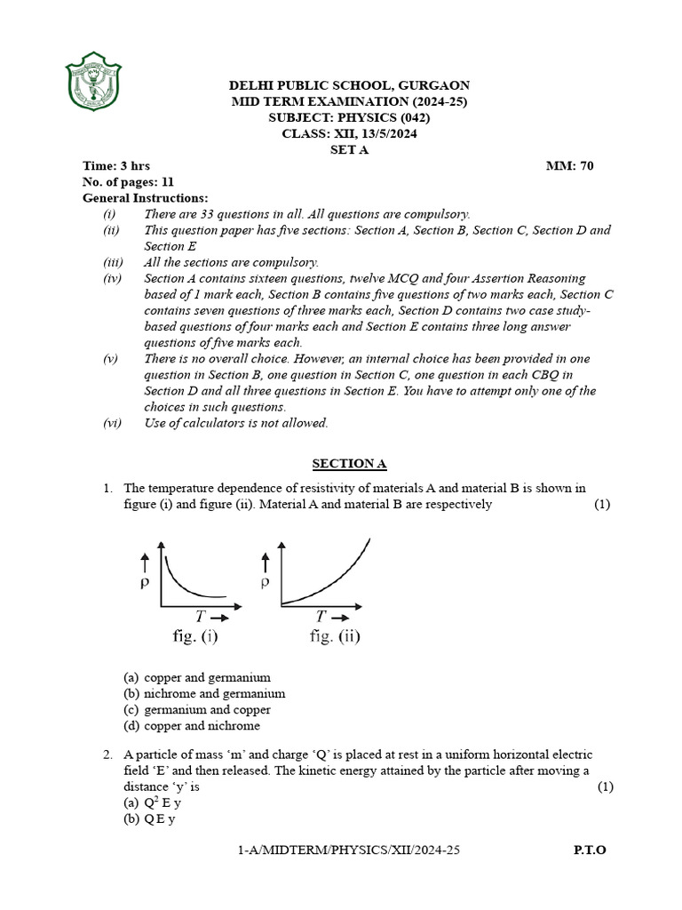 Physics Mid Term Paper Class 12th DPS Sec45 2025-26 | PDF | Voltage | Capacitance