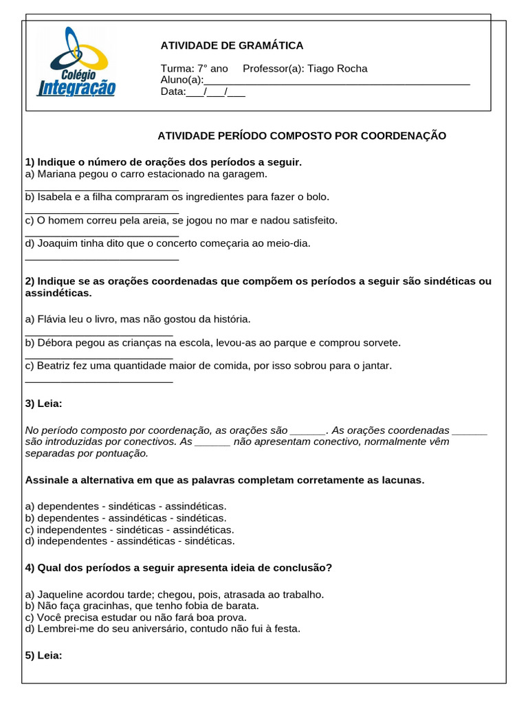 Atividade de Gramática - PERÍODO COMPOSTO POR COORDENAÇÃO - 7° ANO ...