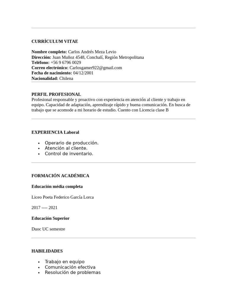 Currículum Vitae Nombre Completo: Dirección: Teléfono: Correo ...