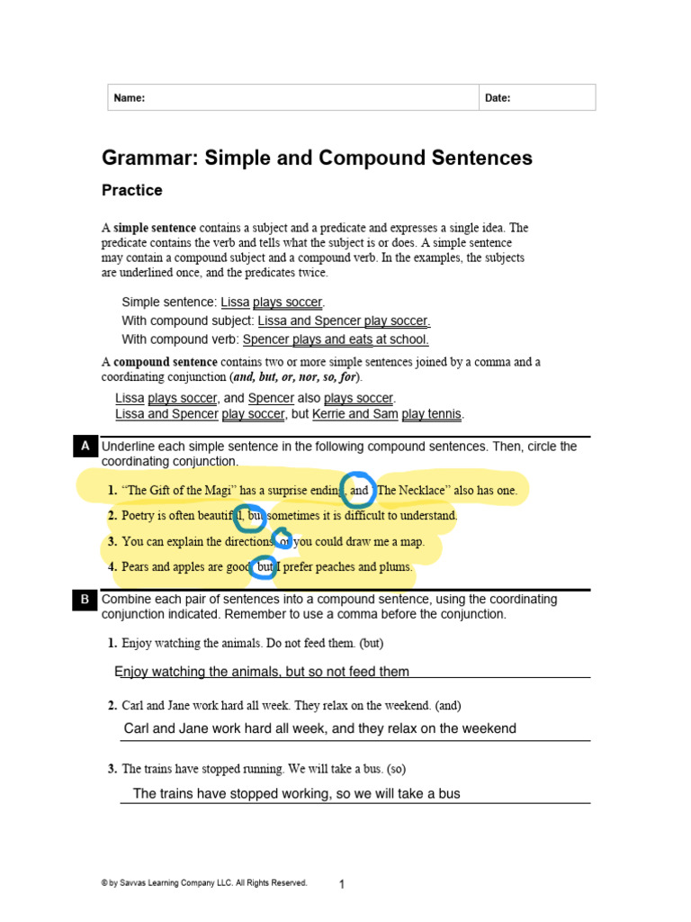 Simple and Compound Sentences Grammar Worksheet PDF | PDF | Subject (Grammar) | Semantics