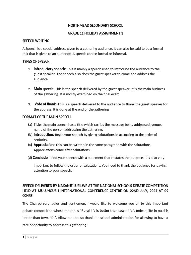 Grade 11 Speech Writing Guide | PDF | Public Speaking