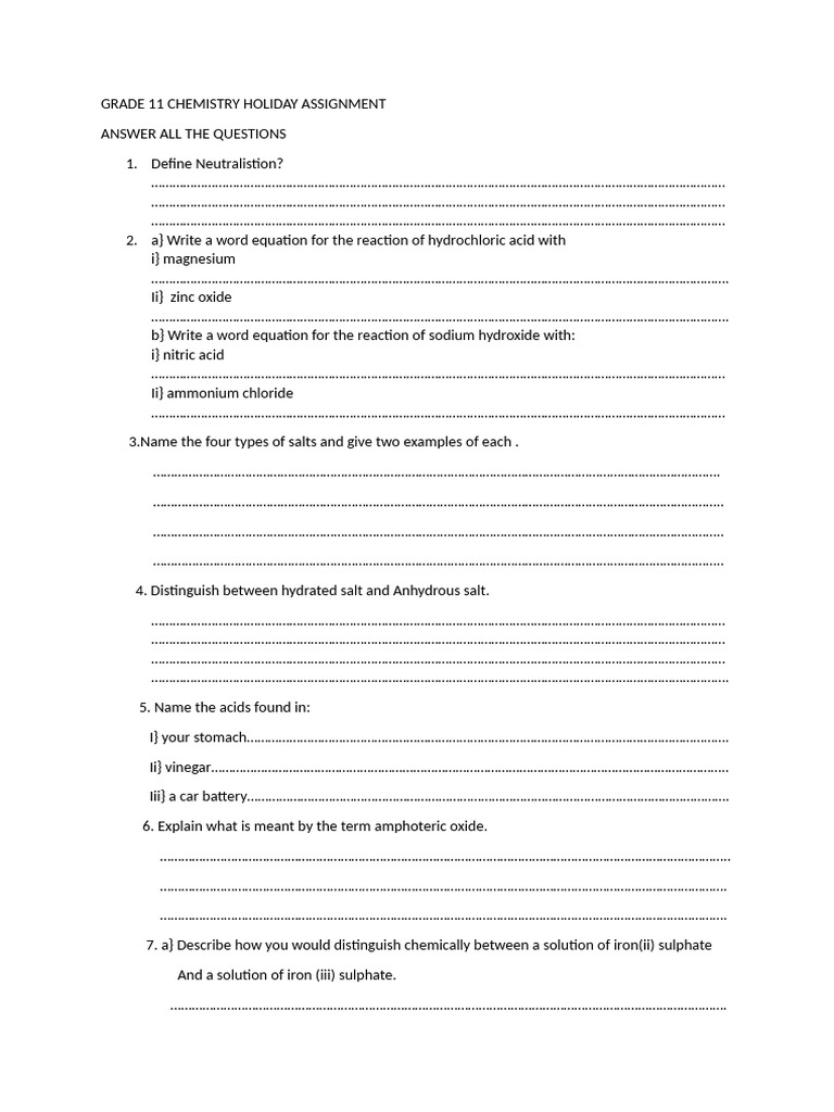 Grade 11 Chemistry Holiday Assignment | PDF | Precipitation (Chemistry ...
