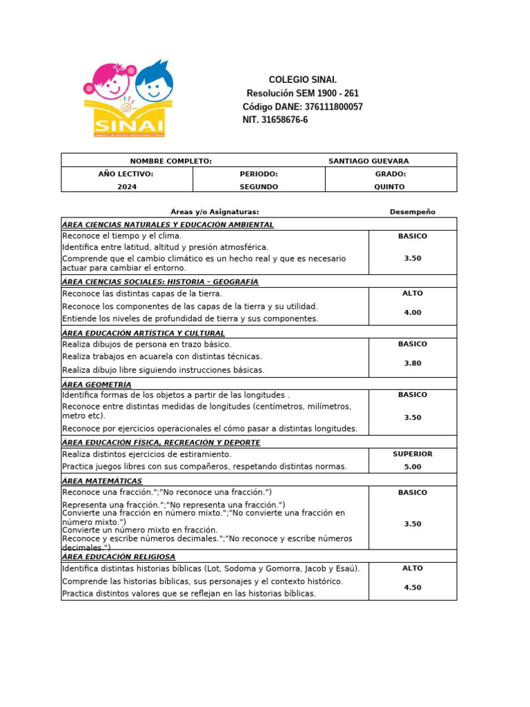 Modelo Boletin Primaria | PDF