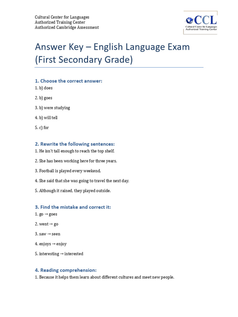 Answer Key First Secondary English Exam | PDF