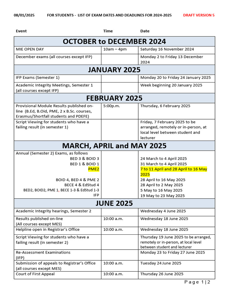 STUDENTS ONLY Exam Dates Deadlines, 24 - 25, Version 5 | PDF | Academic ...
