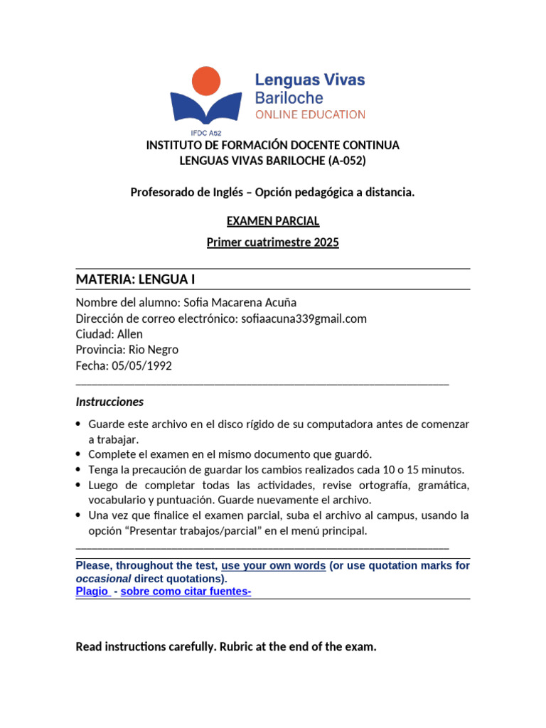 Acuña Sofia Lengua I Examen Parcial | PDF | Vocabulary | English Language