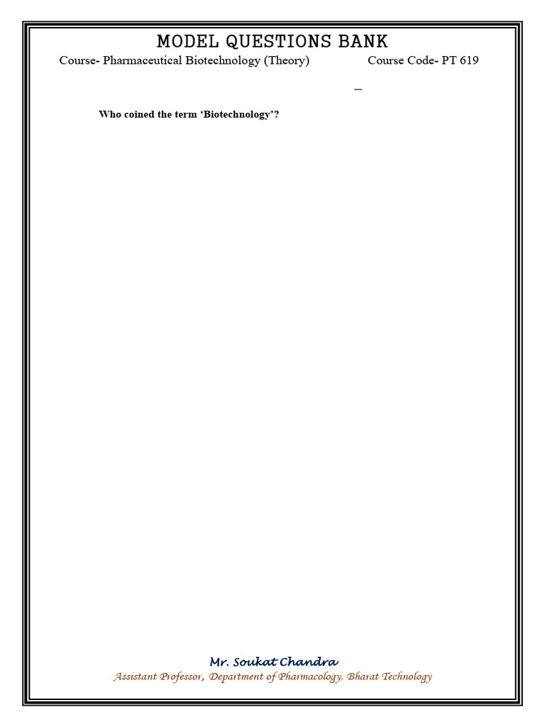 Model Questions Bank Pharmaceutical Biotechnology (Theory) PT619 SC BT | PDF | Recombinant Dna ...