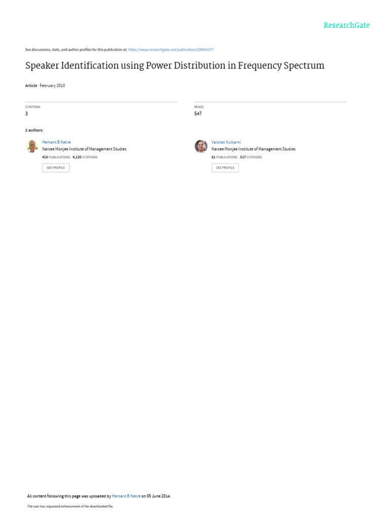 Speaker Identification Using Power Distribution in | PDF | Algorithms | Applied Mathematics