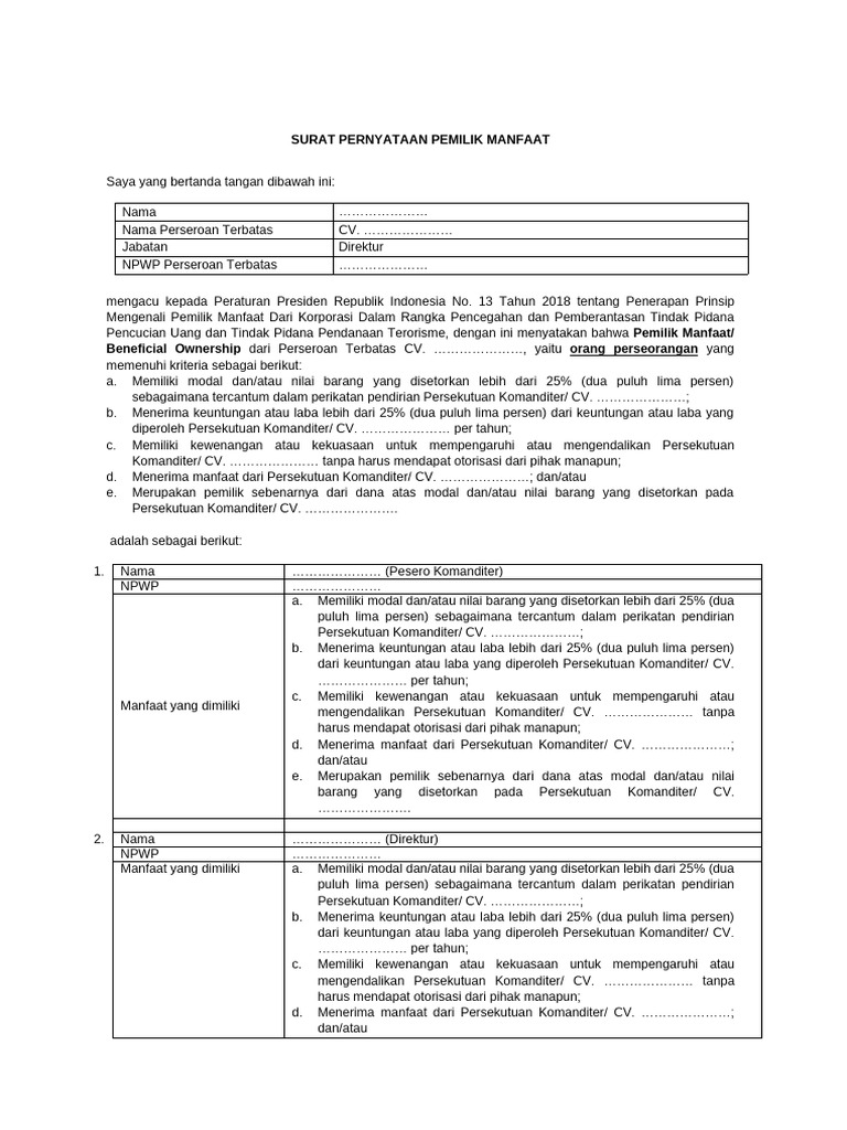 Surat Pernyataan Ultimate Beneficial Ownership (UBO) | PDF