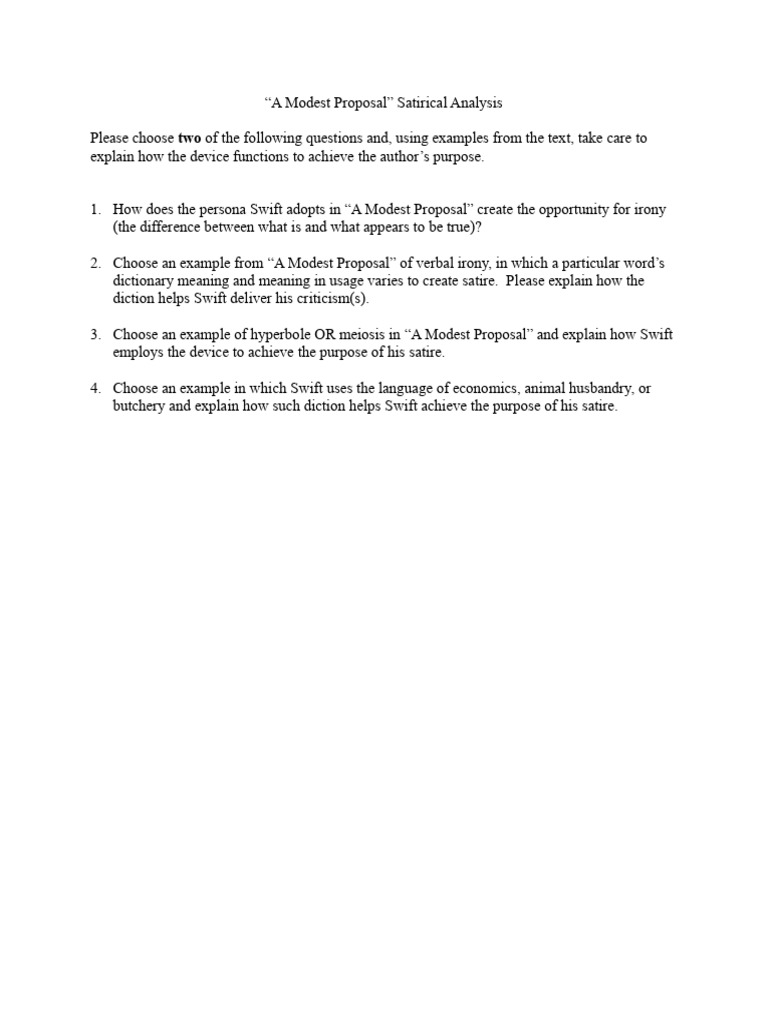 Eng A Modest Proposal Satirical Analysis Questions | PDF