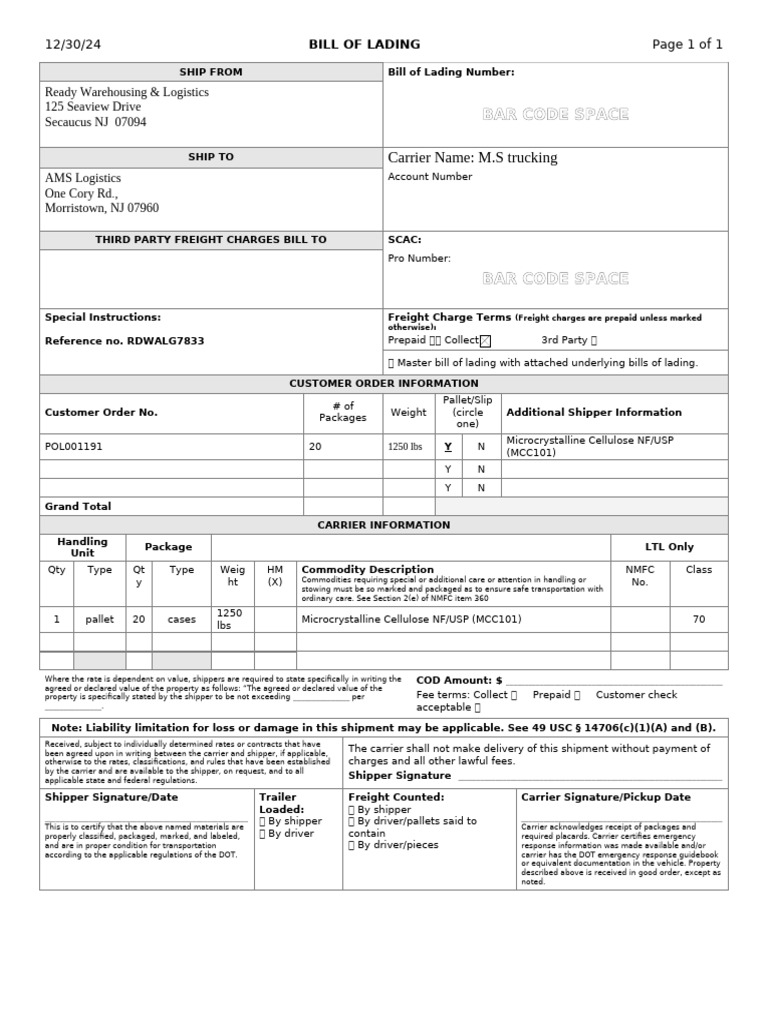 BOL (Ready Warehouse (Euroasia) To AMS) | PDF | Cargo | Logistics