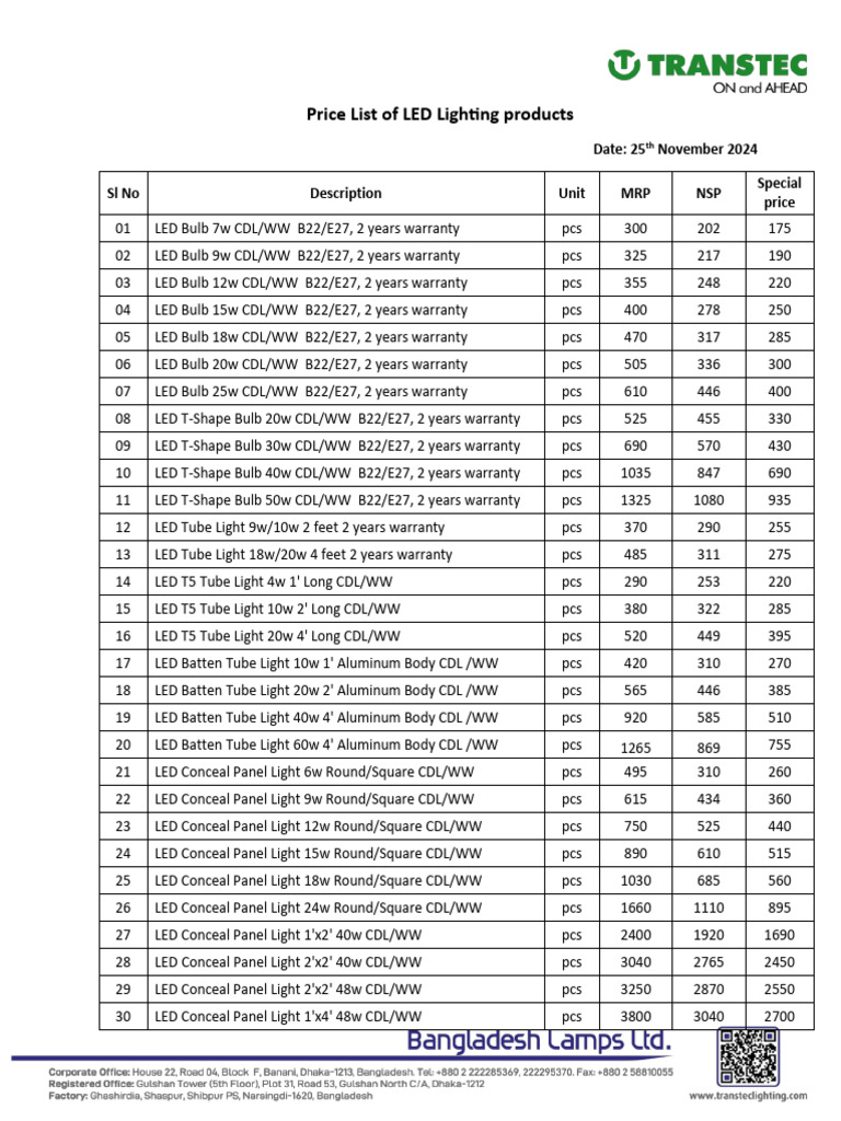 Transtec Price List 2024 | PDF | Light | Lighting