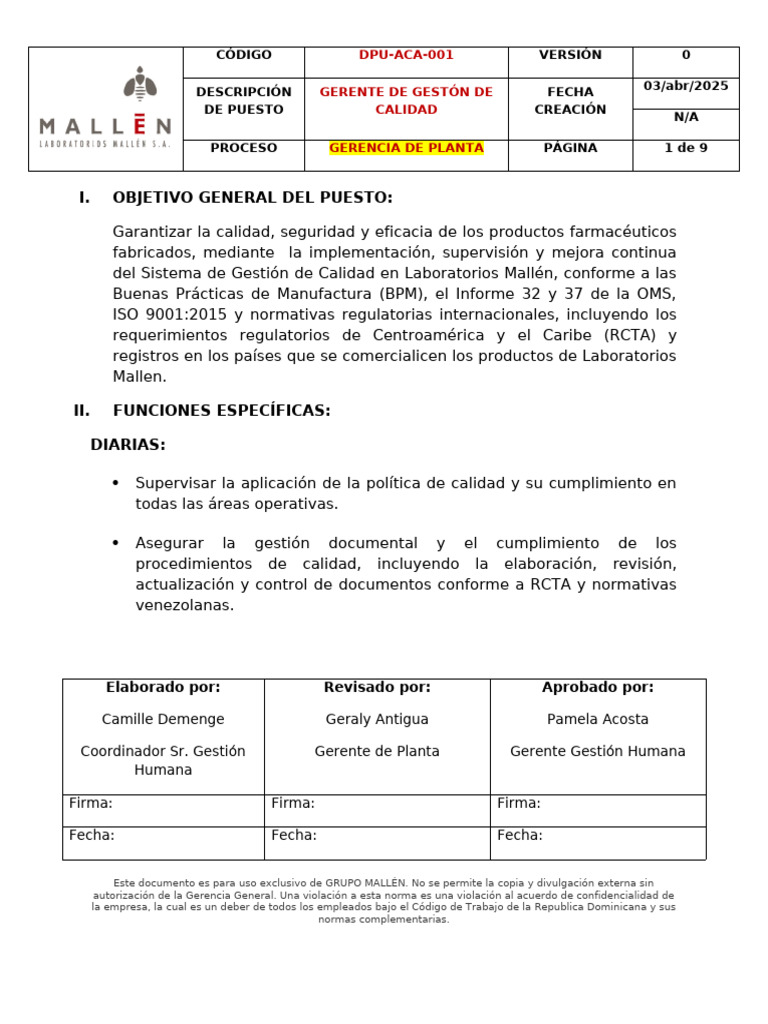 Descripción del Puesto: Gerente de Calidad | PDF | Sistema de manejo de ...