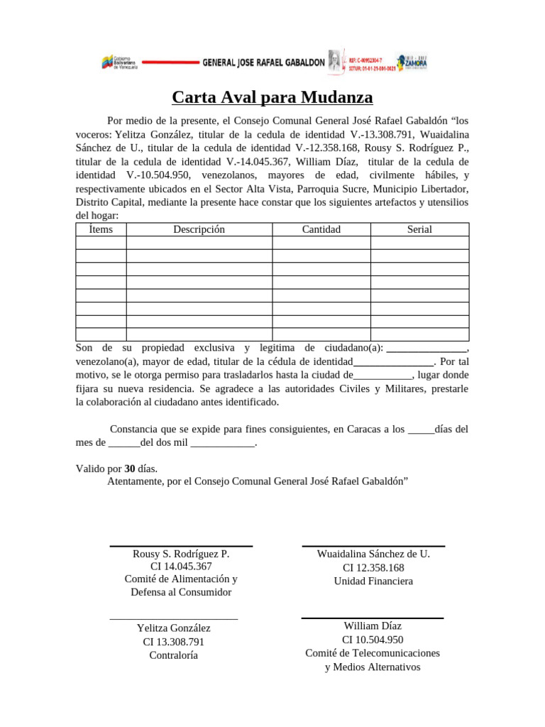 Carta Aval para Mudanza | PDF