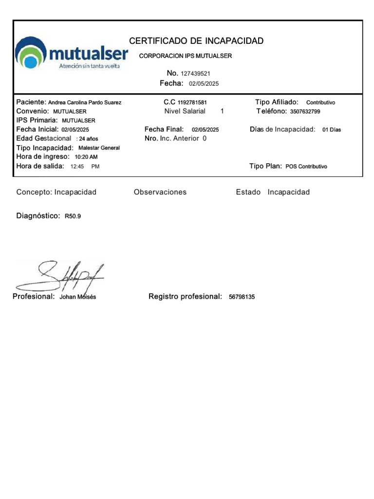 Certificado de Incapacidad para Andrea Pardo | PDF