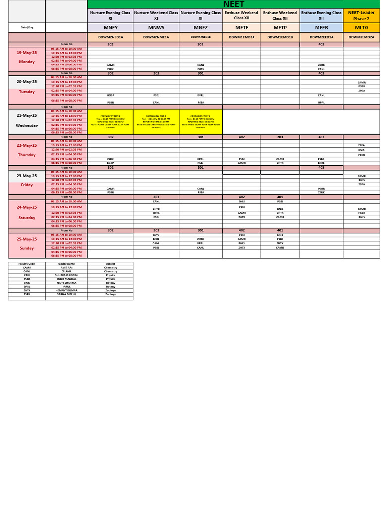 NEET Time Table - 19 May To 25 May 2025 | PDF
