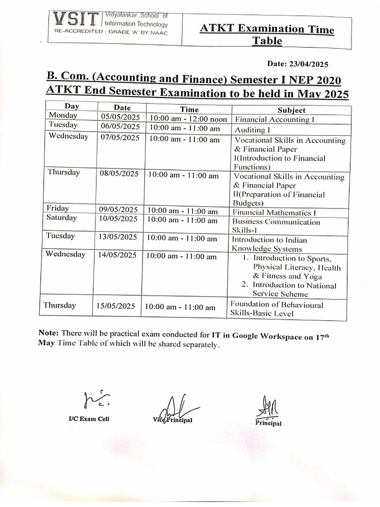 Fy Sem 1 Nep 2020 Atkt End Semester Examination Timetable May 2025 | PDF