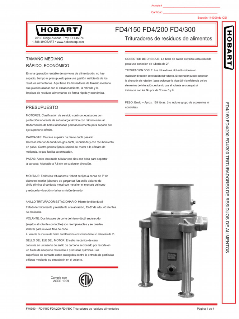 FD4/150 FD4/200 FD4/300: Trituradores de Residuos de Alimentos | PDF ...