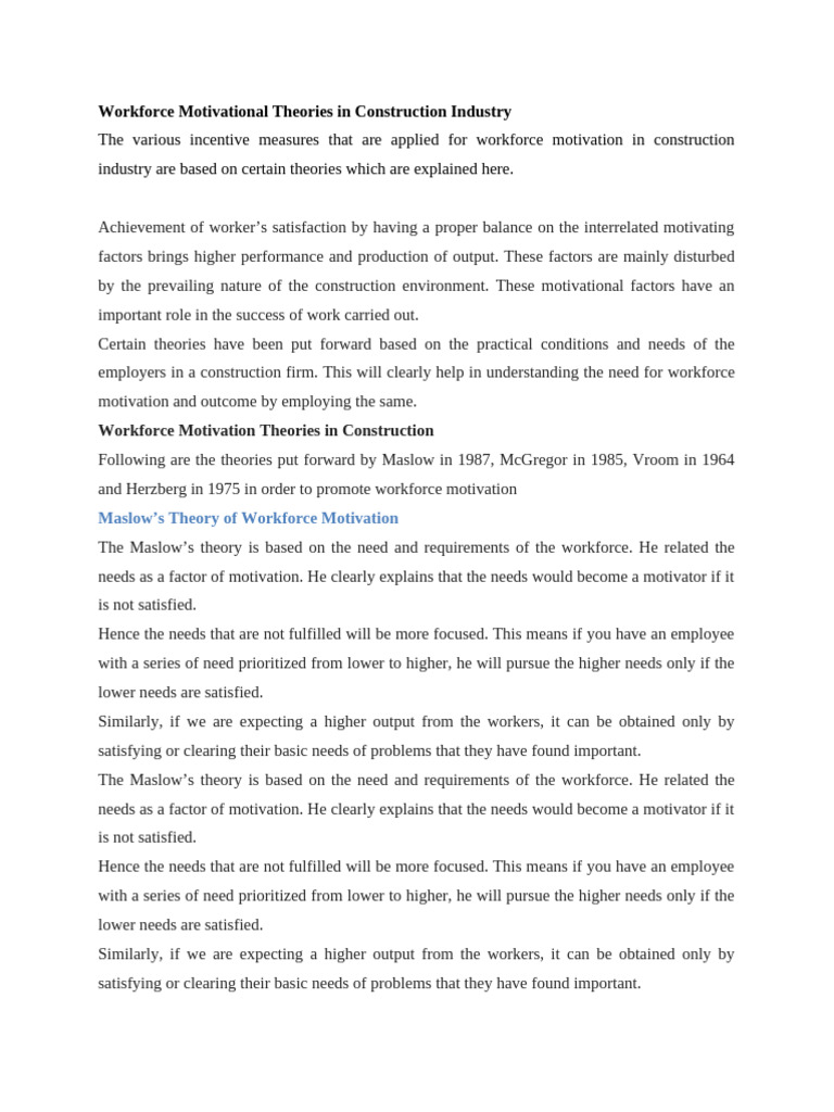 Workforce Motivational Theories in Construction | PDF | Motivation ...