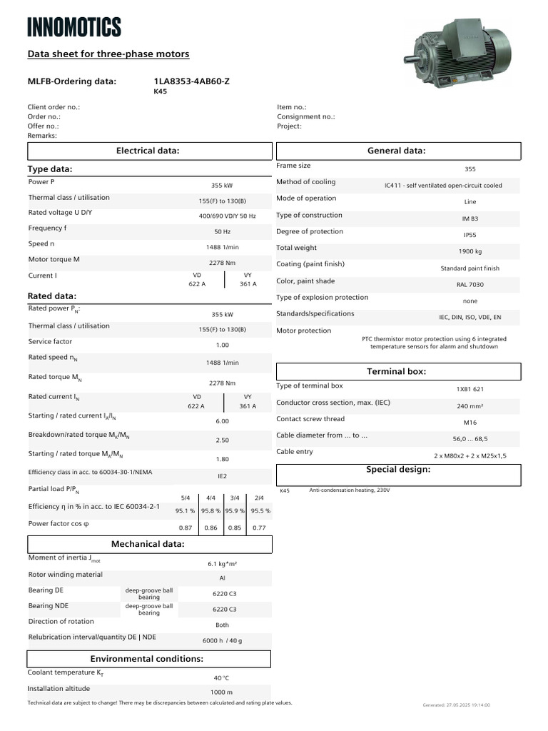 1LA8353-4AB60-Z K45 Datasheet en | PDF | Electric Motor | Electric Power