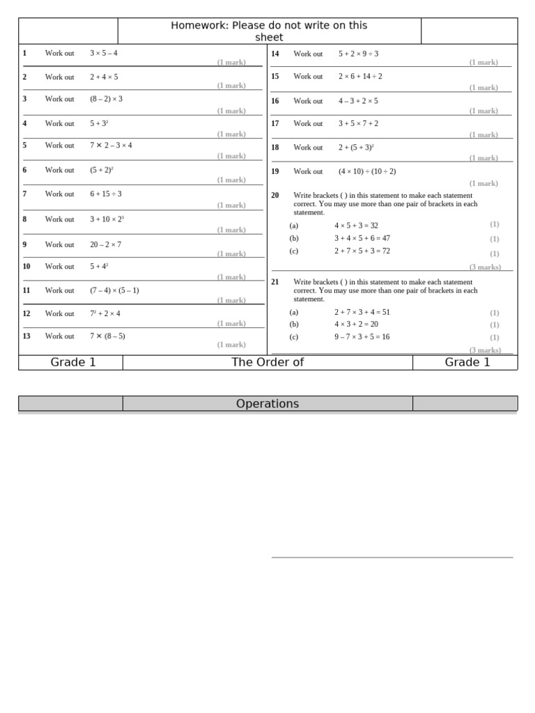 Grade 1 Order of Operations Worksheet | PDF | Mathematics | Linguistics