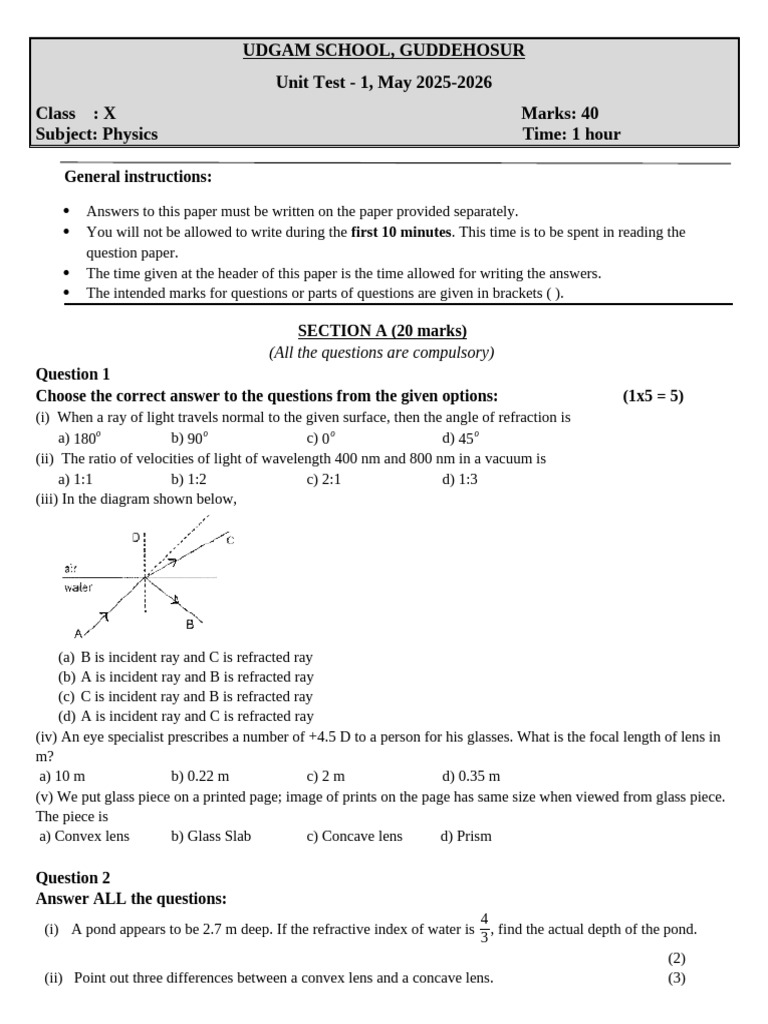 Class 10 Physics Unit Test 1 - 2025 | PDF | Light | Physical Phenomena