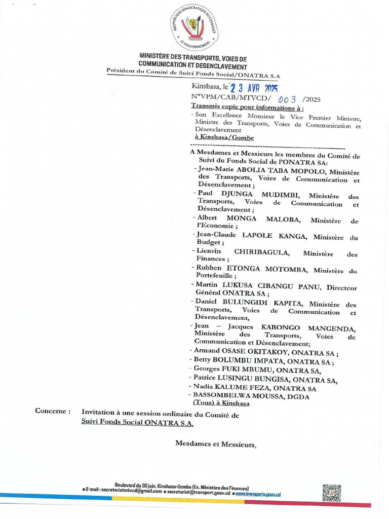 Invitation A Une Session Ordinaire Du Comite de Suivi Fonds Social ...