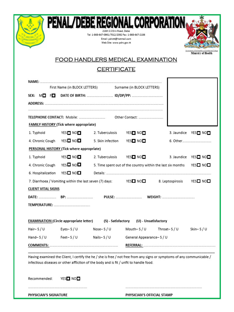 Public Health PDRC Food Handlers Medical Examination Certificate1-1 | PDF