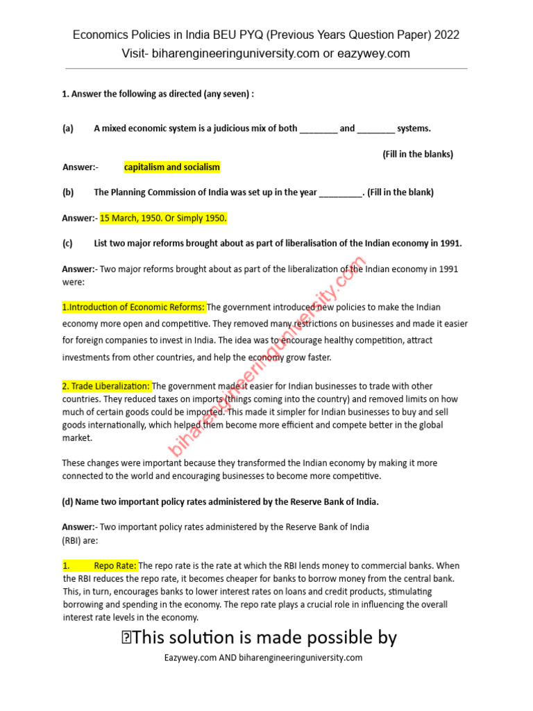 Economics Policies in India Beu Pyq Solution | PDF | Reserve Bank Of ...