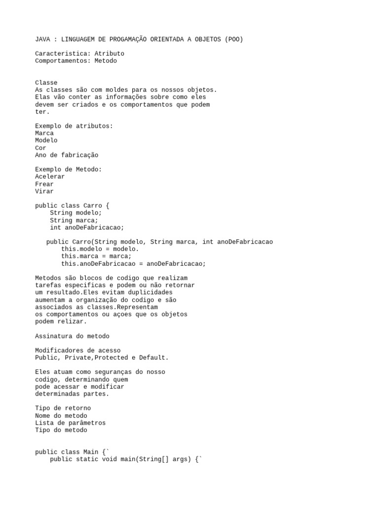Classes Métodos, Objetos e Modificadores de Acesso | PDF