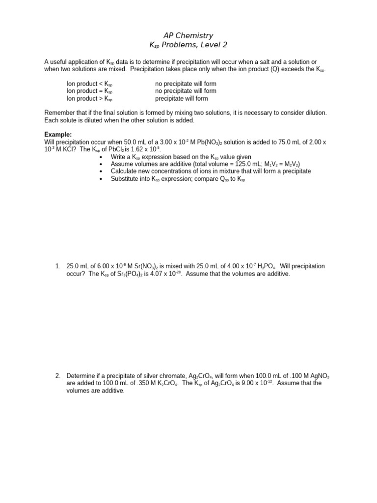 AP Ksp precipitation problems | PDF | Precipitation (Chemistry) | Nitrate