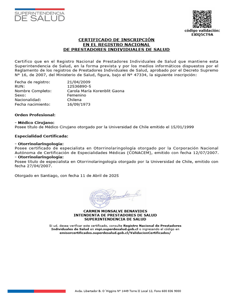 Certificado CONACEM de Carola Korenblit | PDF