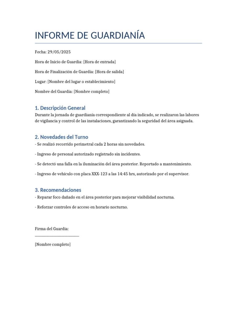 Informe de Guardiania | PDF