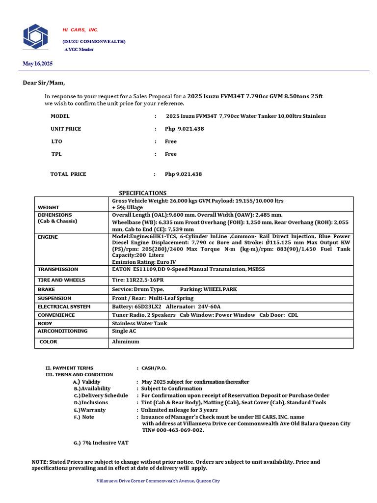 Fvm34t Quotation Water Tank 10,000ltrs | PDF | Truck | Automotive ...