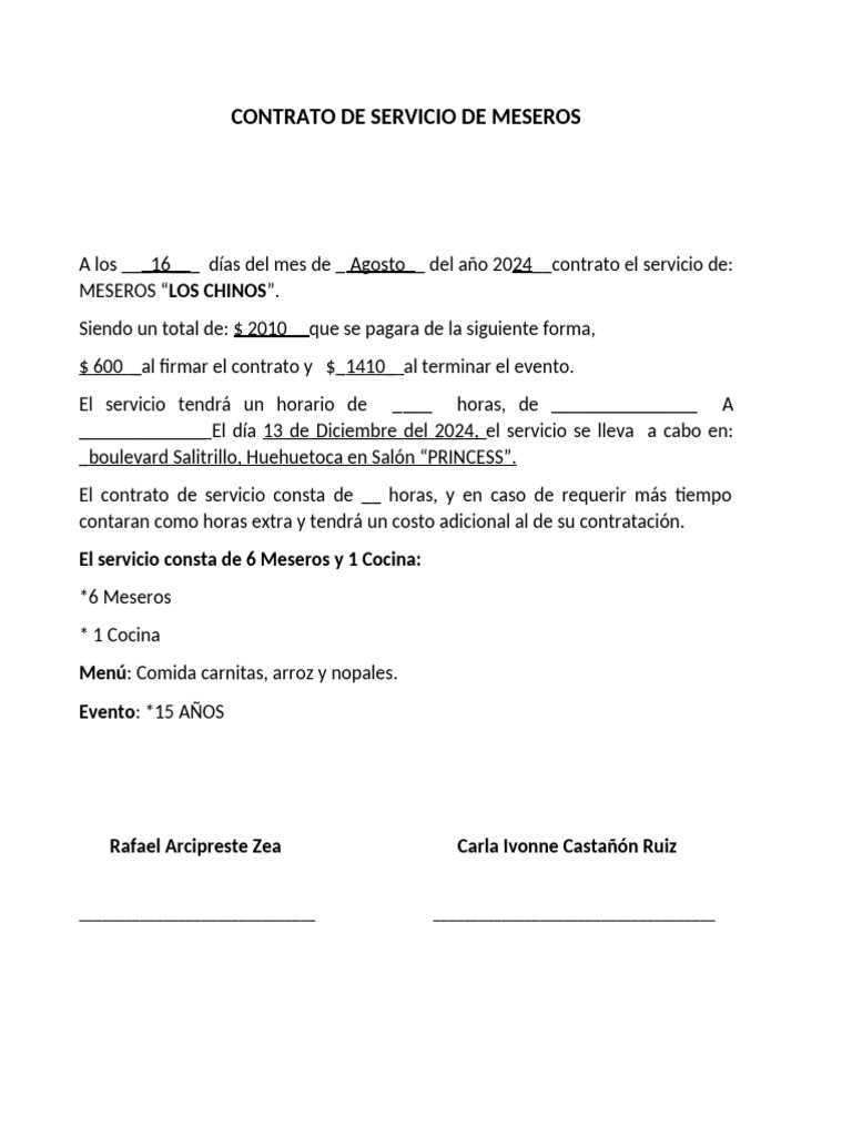 Contrato De Servicio De Meseros 2024 Pdf