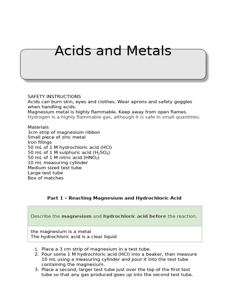 Acids and Metals Lab 9th Grade | PDF | Magnesium | Chemical Reactions