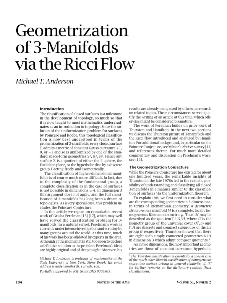 Geometrization of 3-Manifolds Via The Ricci Flow: Michael T. Anderson ...