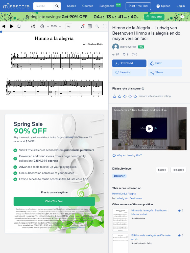 Easy "Ode to Joy" Sheet Music | PDF | Computing | Software