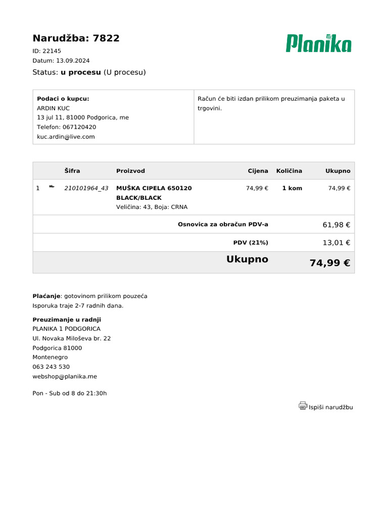 Potvrda Narudzbe 7822 | PDF