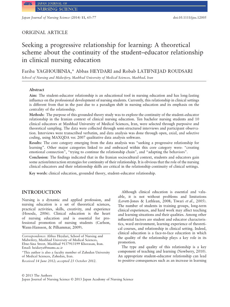 Japan Journal Nursing Sci - 2013 - Yaghoubinia - Seeking A Progressive Relationship For Learning ...