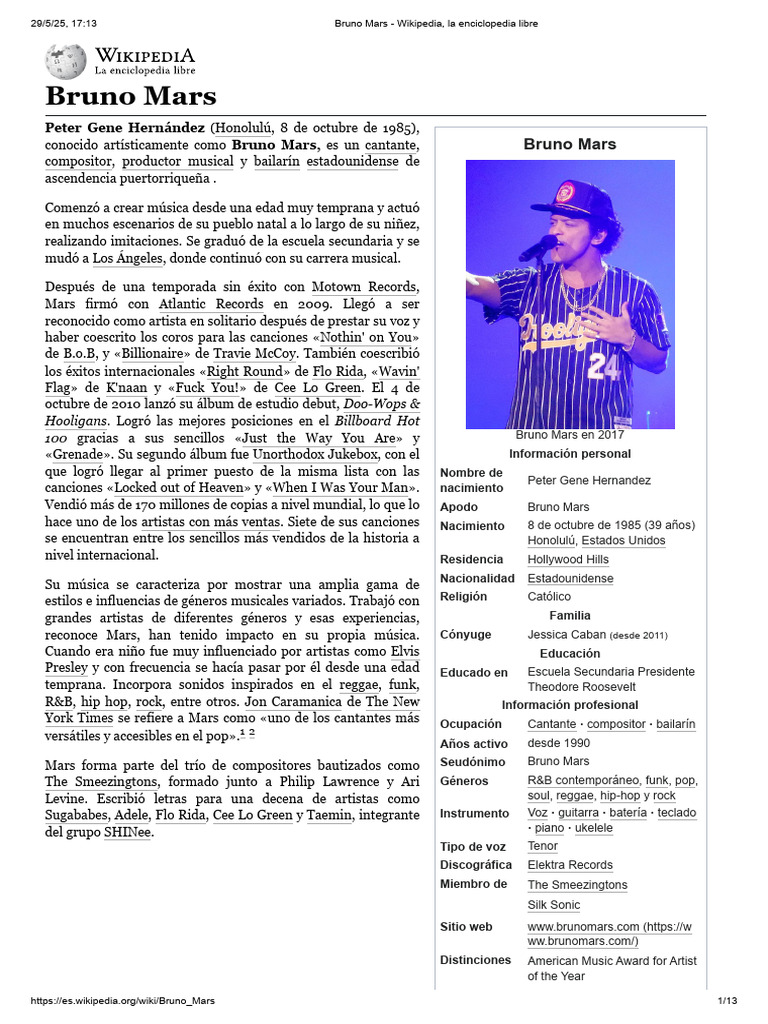Bruno Mars: Biografía y carrera musical | PDF | Grabación de sonido ...
