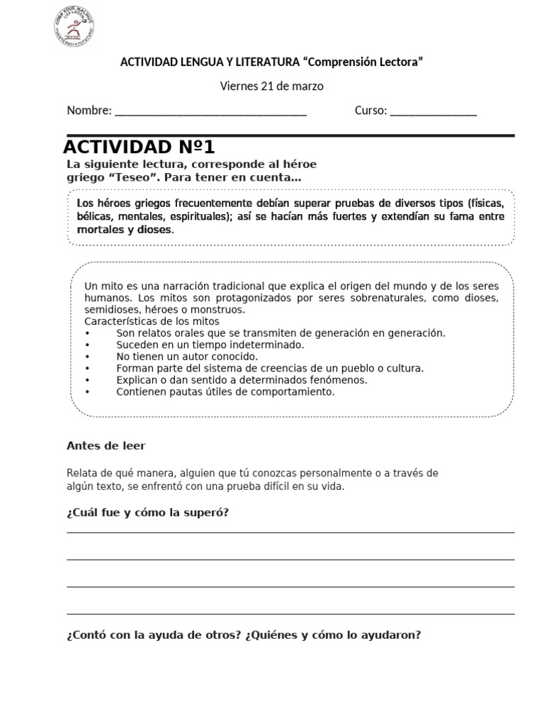8º Lenguaje - Comprensión Lectora - 21-24 de Marzo | PDF | Minotauro ...